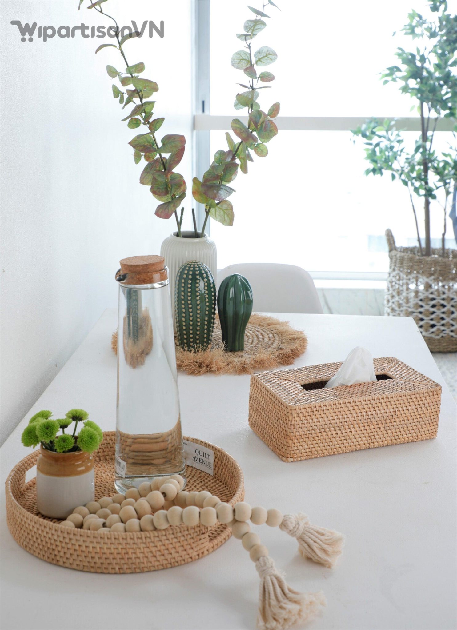 Round Rattan Tray Natural Rustic & Sturdy Wicker Tray with Cut-Out Handles